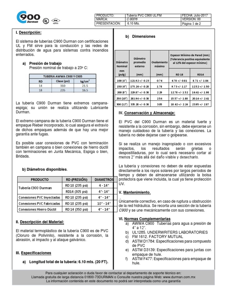 Ficha Tecnica C900 UL | PDF | Tubería (transporte de fluidos) | Cloruro de polivinilo