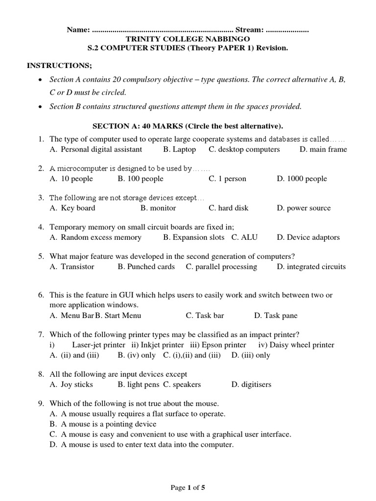 S.2 COMPUTER STUDIES Revision Questions by Tulina Dorothy | PDF | Printer (Computing) | Window ...