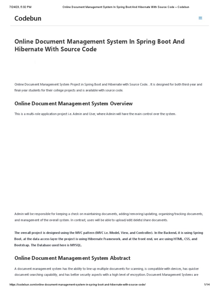 Online Document Management System In Spring Boot And Hibernate With Source Code Codebun Pdf