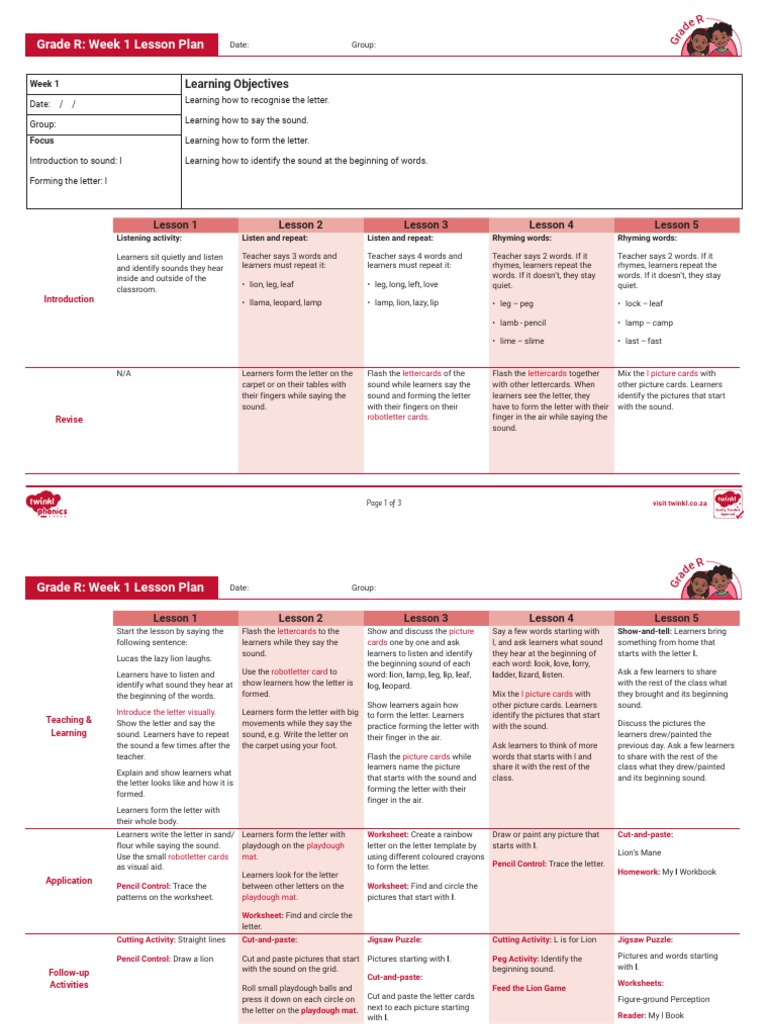 Za HL 1657795553 Grade R Lesson Plan Week 1 Letter L - Ver - 1 | PDF | Learning | Cognition