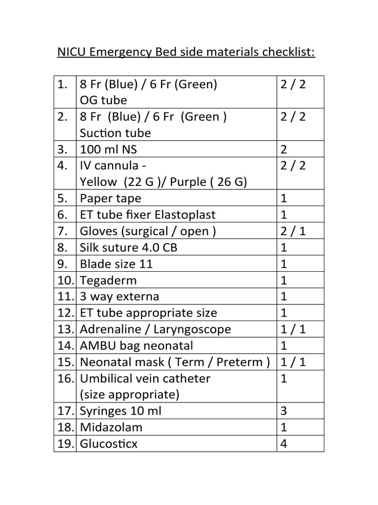 NICU Emergency Checklist | PDF | Wellness | Science & Mathematics