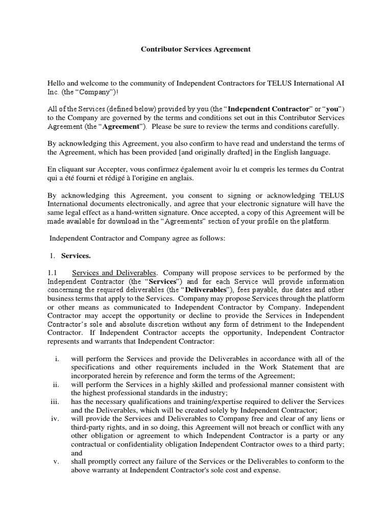 Contributor Services Agreement | PDF | Indemnity | Arbitration