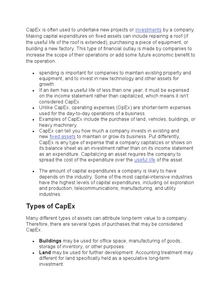 CapEx Is Often Used To Undertake New Projects or | PDF | Capital ...