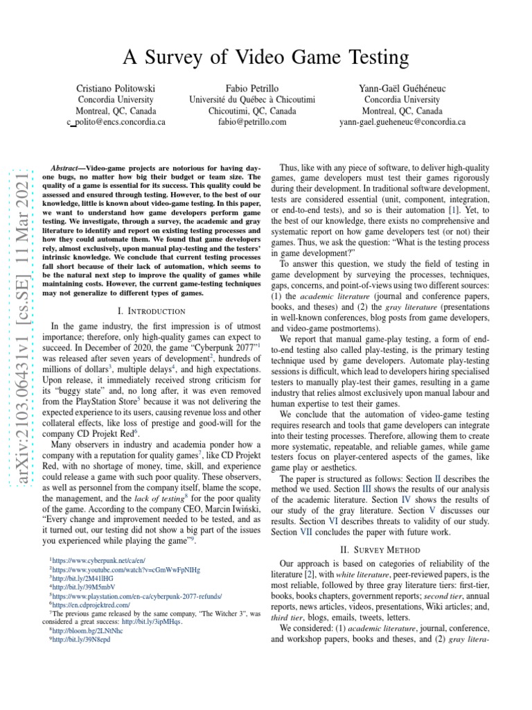 A Survey of Video Game Testing: Cristiano Politowski Fabio Petrillo ...