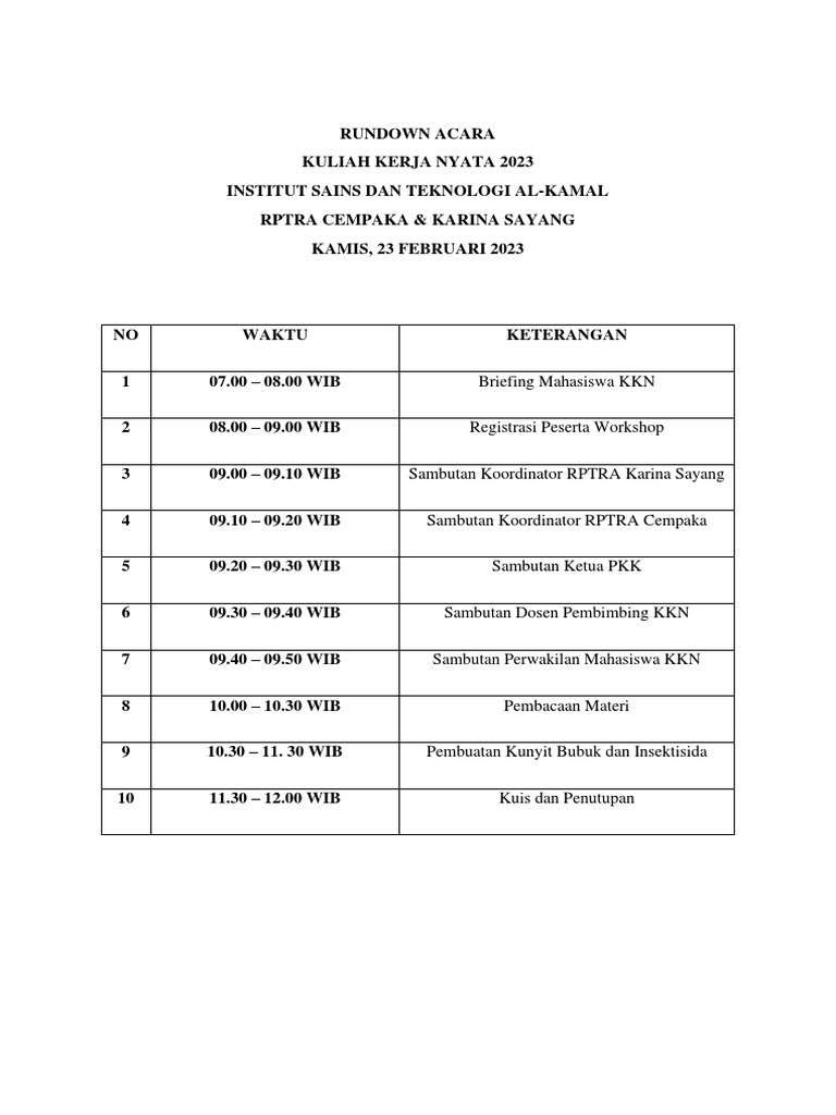 Rundown Acara Workshop KKN 2023 | PDF
