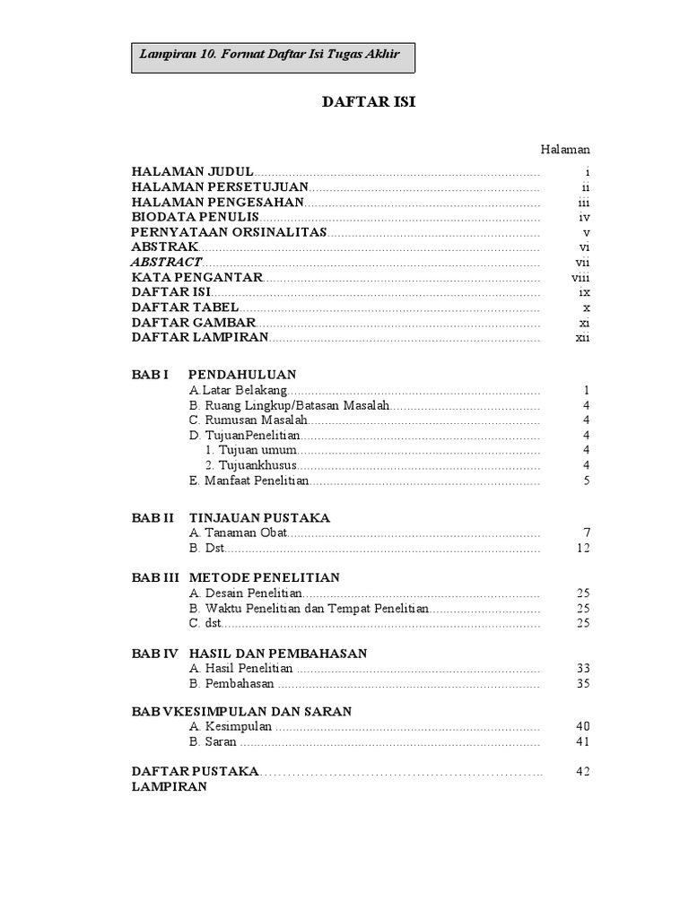 Lampiran 10. Format Daftar Isi Tugas Akhir | PDF Lampiran 10. Format Daftar Isi Tugas Akhir | PDF