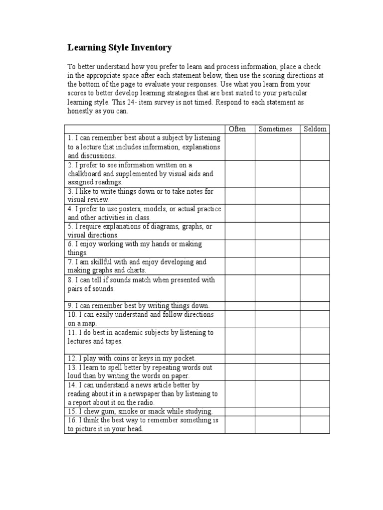 Learningstyleinventory Survey 1F84C345CE750 | PDF | Learning Styles ...