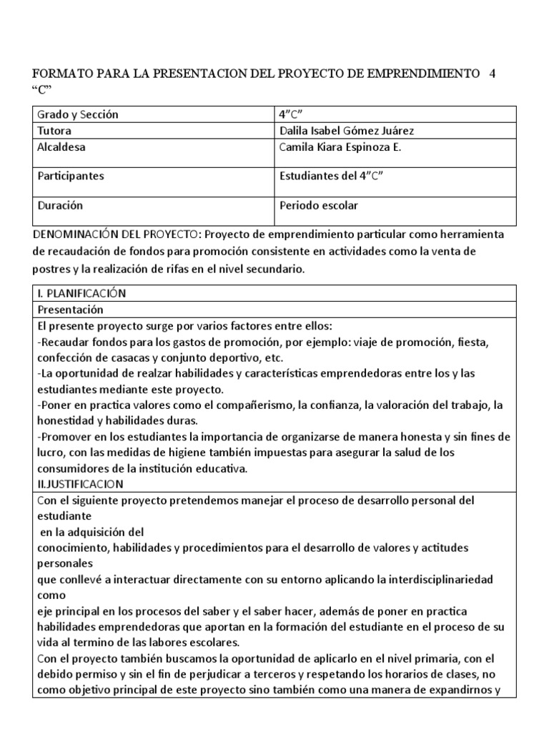 Formato para La Presentacion Del Proyecto de Emprendimiento 4 | PDF