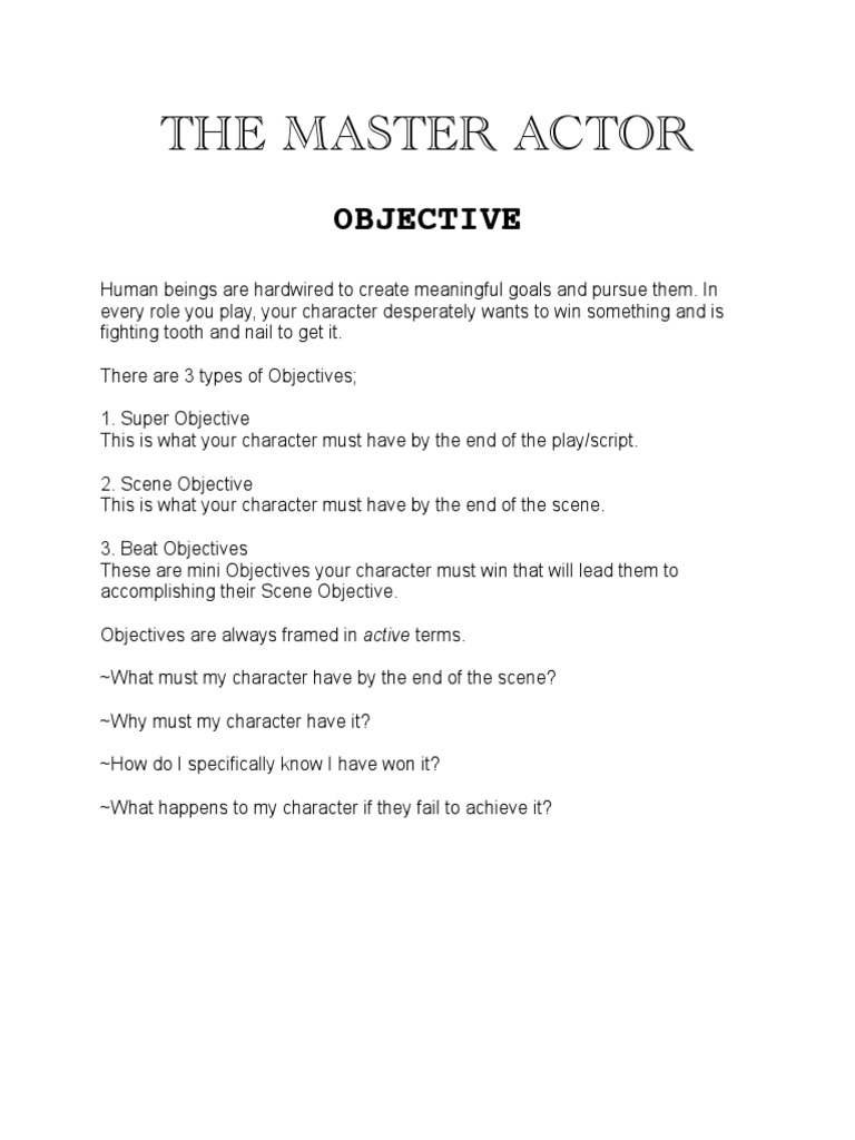 OBJECTIVE Master Actor Worksheets | PDF