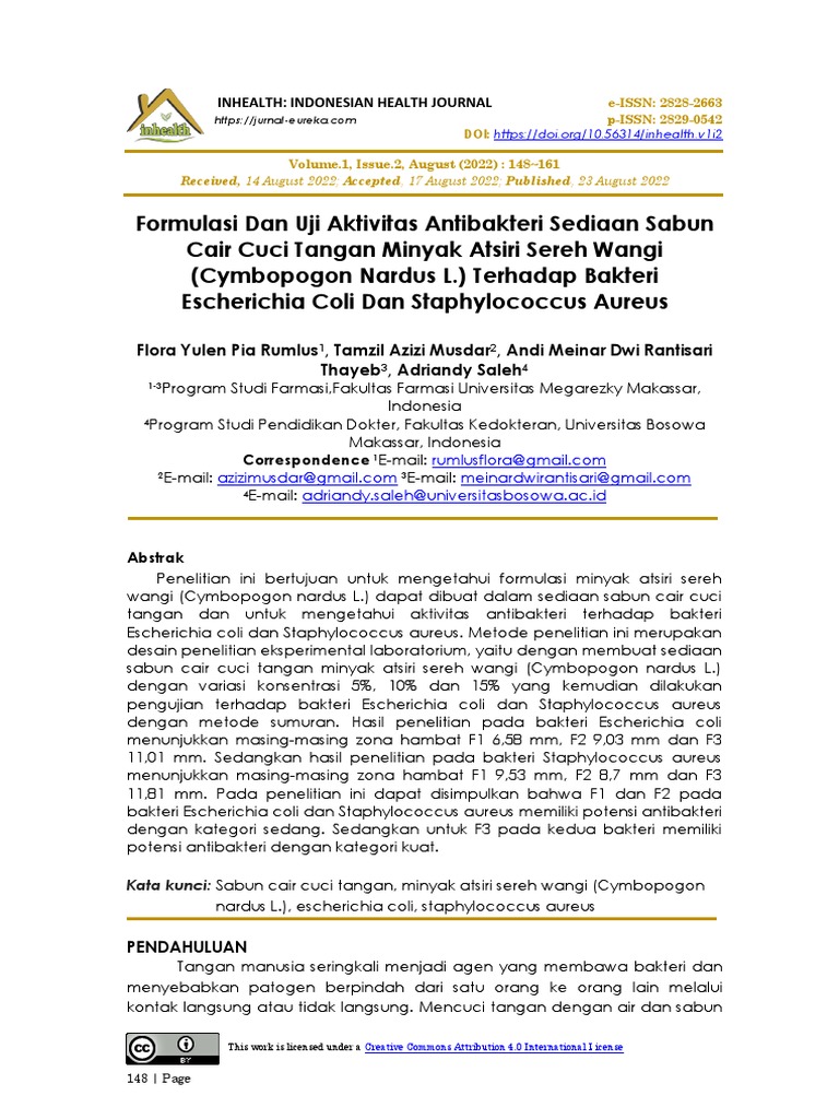 Formulasi Dan Uji Aktivitas Antibakteri Sediaan Sabun Cair Cuci Tangan Minyak Atsiri Sereh Wangi ...