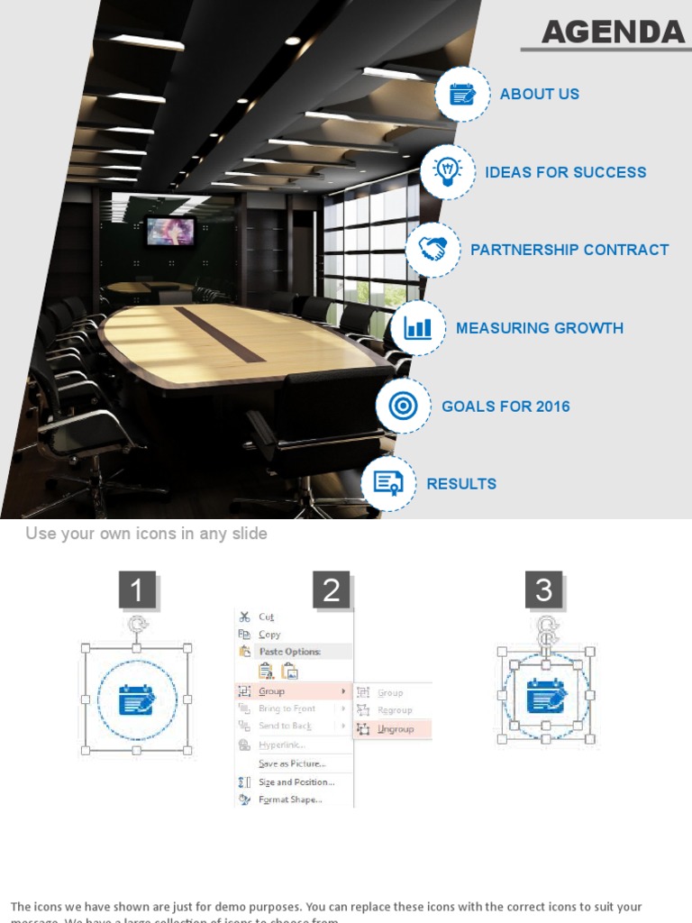 Agenda Template Design With Cut Image With Icons Powerpoint Slide | PDF