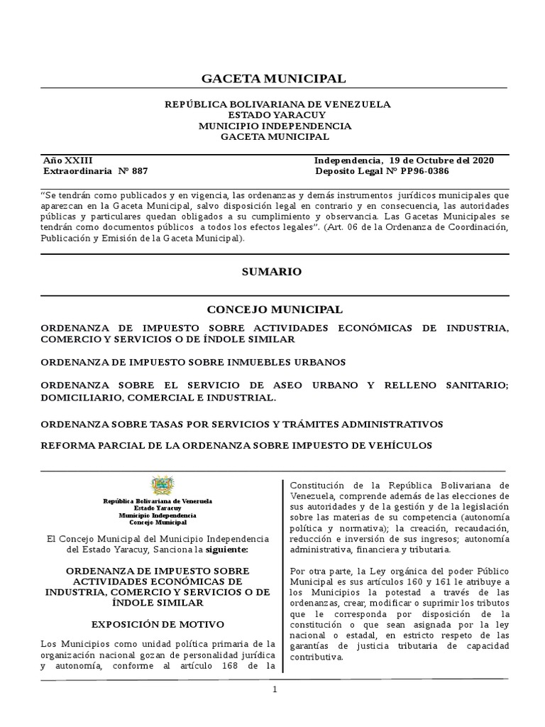 Ordenanza de Impuesto Sobre Actividades Económicas de Industria, Municipio Independencia San ...