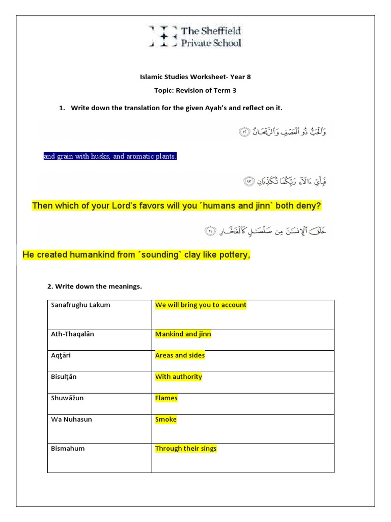 Year 8 - Revision Worksheet Islamic | PDF | Foreign Language Studies ...