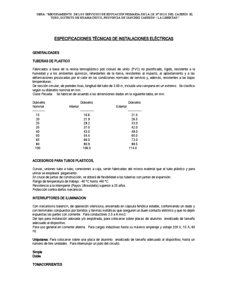 Espec. Técnicas Inst. Electricas | PDF | Cobre | Conductor electrico