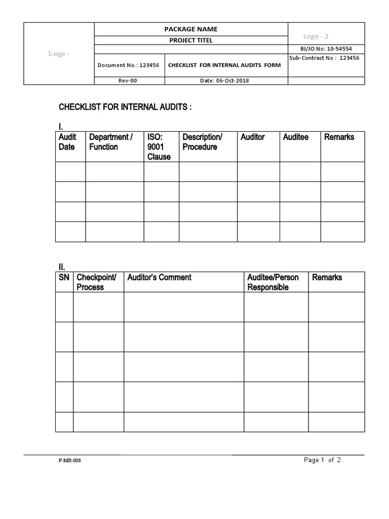 Form Checklist For Internal Audit QAQC Form - 008 | PDF