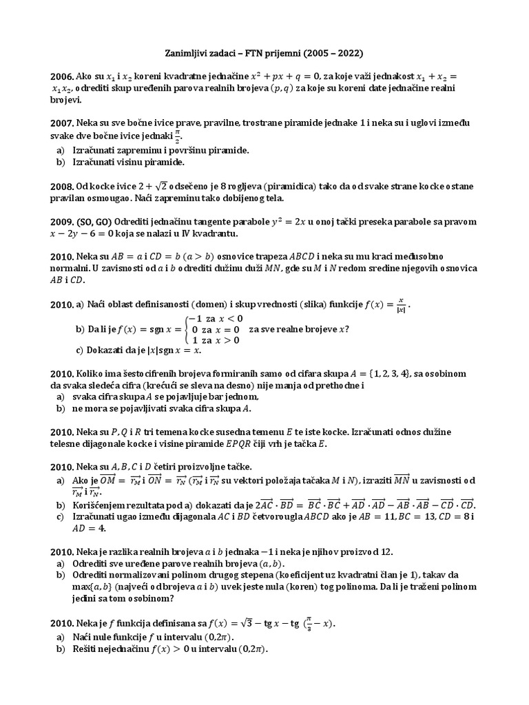 Zanimljivi Zadaci - FTN Prijemni (2005 - 2022) | PDF