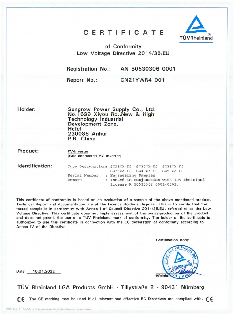 SG25-50CX-P2 IEC 62109 CE LVD Certificate AN50530306 0001 | PDF