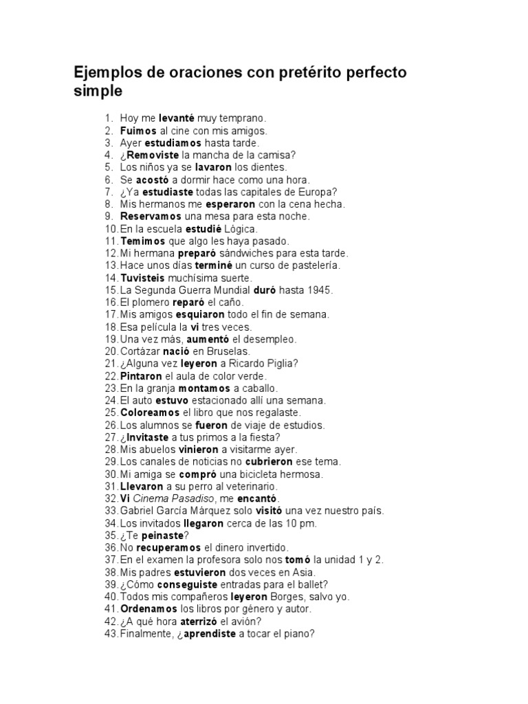 Ejemplos de Oraciones Con Pretérito Perfecto Simple | PDF