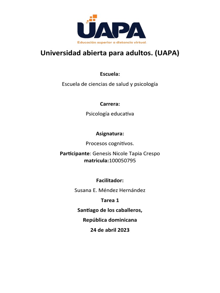Tarea 1, Procesos Cognitivos | PDF Tarea 1, Procesos Cognitivos | PDF