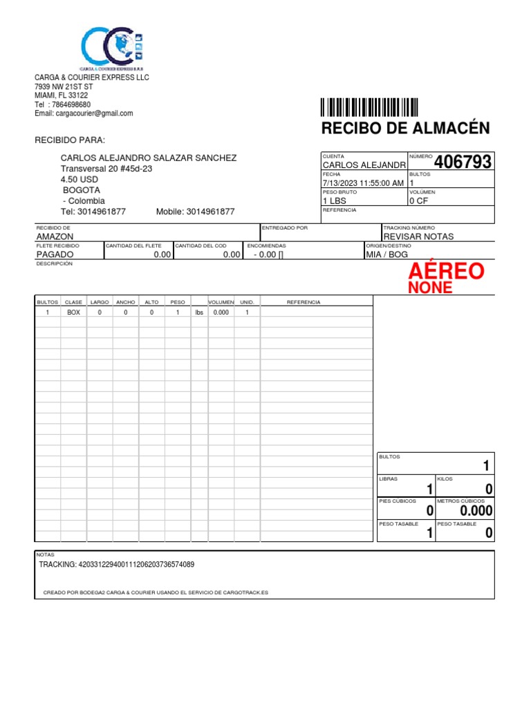 Aéreo: Recibo de Almacén | PDF
