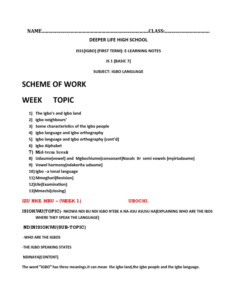 First Term Basic 7 | PDF | Tone (Linguistics) | Igbo People