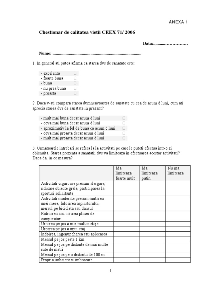 Chestionar Calitatea Vietii | PDF
