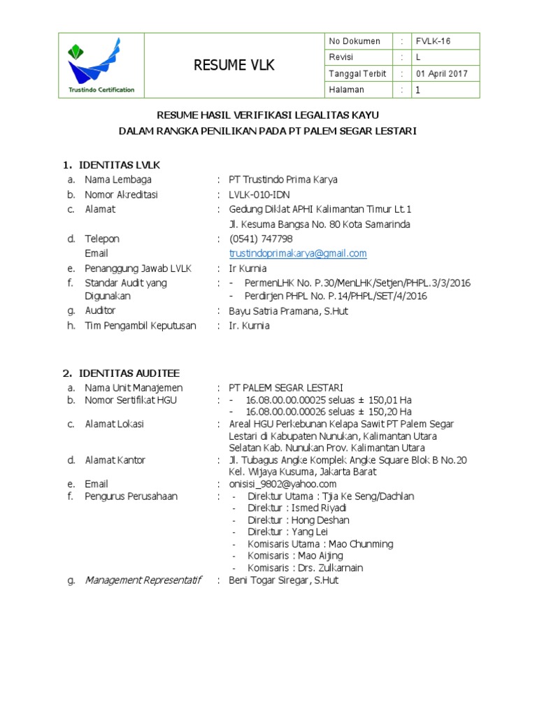 Resume Hasil Penilikan HGU PT Palem Segar Lestari | PDF