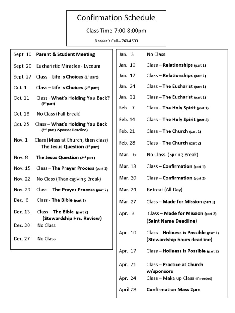 Confirmation Class Schedule | PDF | Sacraments | Worship