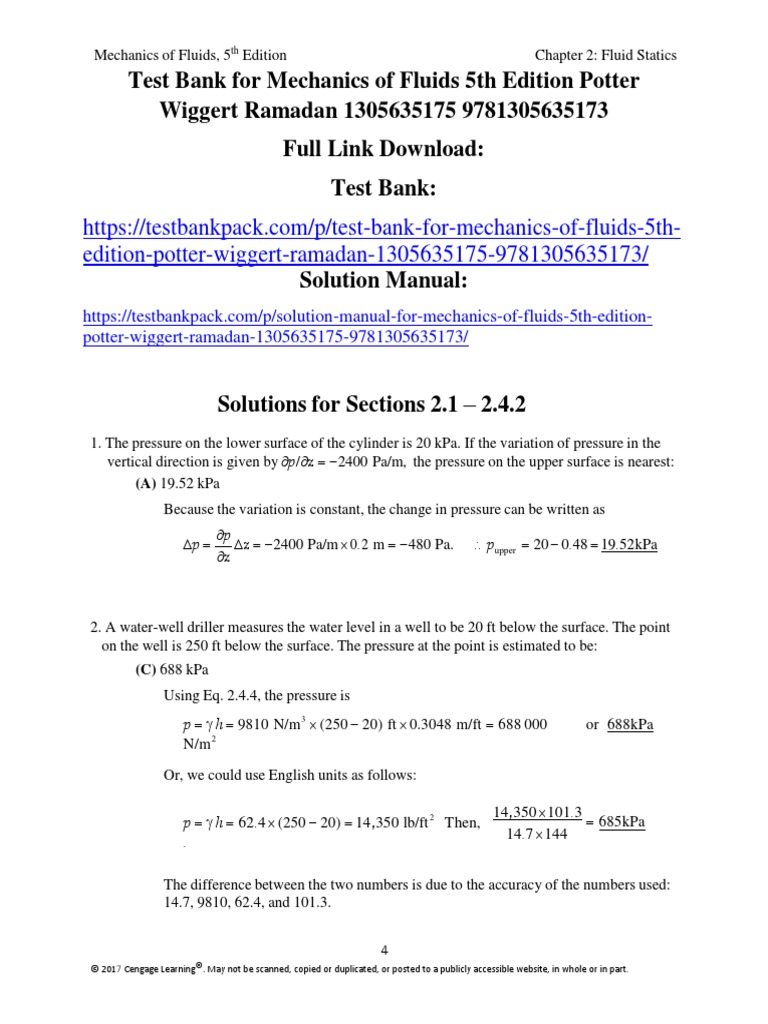 Mechanics of Fluids 5th Edition Potter Wiggert Ramadan Test Bank | PDF ... Mechanics of Fluids 5th Edition Potter Wiggert Ramadan Test Bank | PDF ...