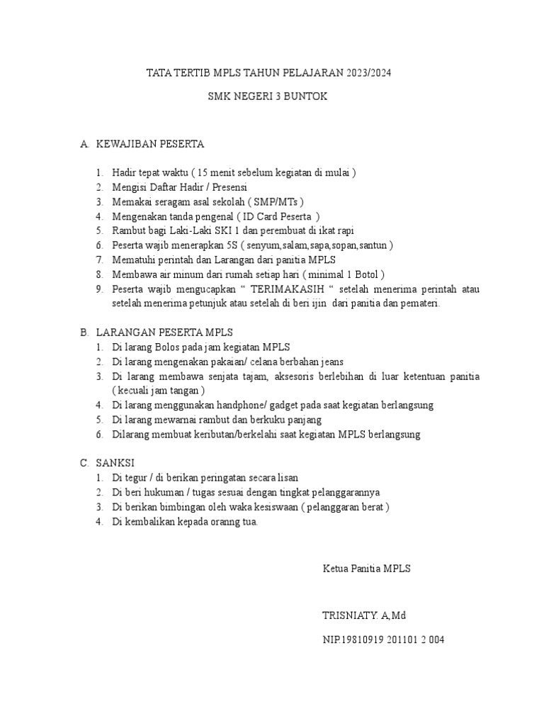 Tata Tertib MPLS Tahun Pelajaran 2023 | PDF