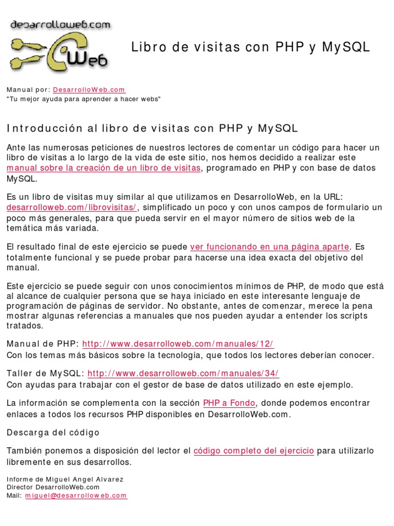 Libro de Visitas Con PHP y MySQL - Manual Completo | Descargar gratis PDF | Php | SQL