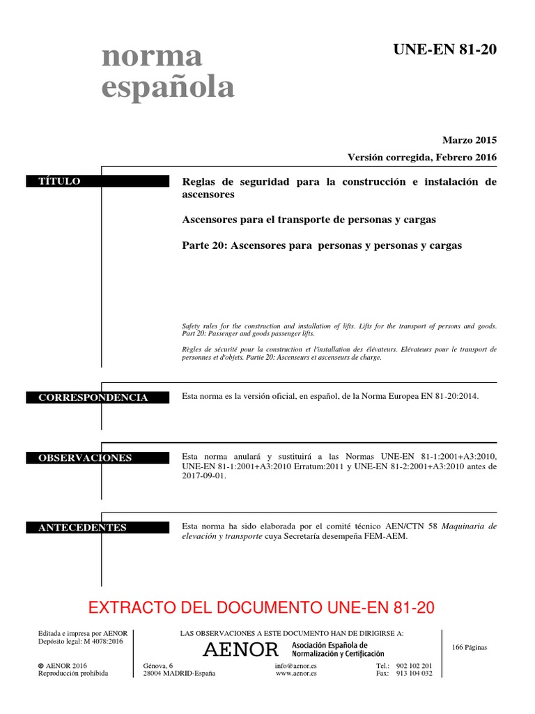 Norma UNE-EN 81-20: Seguridad en Ascensores | PDF | Ascensor | Relé