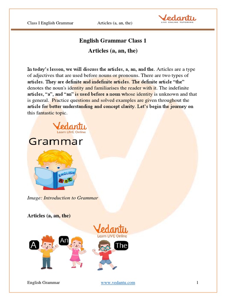 English Grammar Class 1 Articles (A, An, The) - Learn and Practice ...