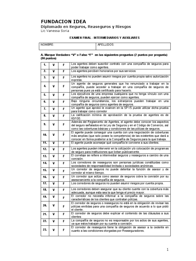 Examen Final: Diplomado en Seguros | PDF | Seguro | Reaseguro