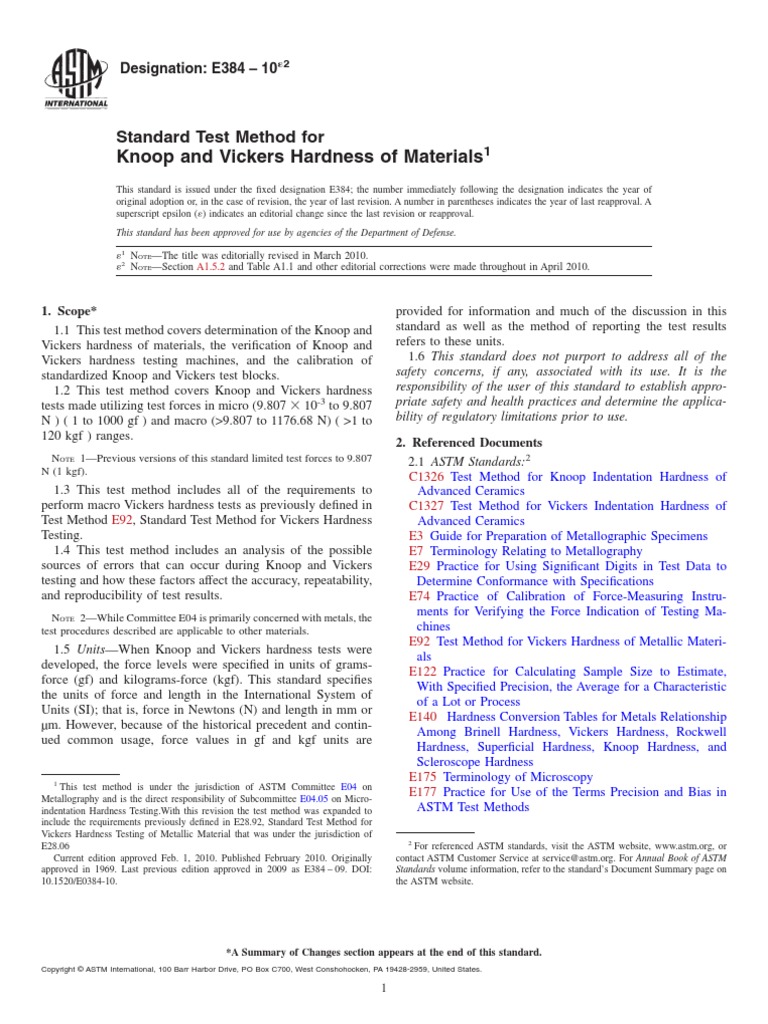 Knoop and Vickers Hardness of Materials: Standard Test Method For | PDF ...
