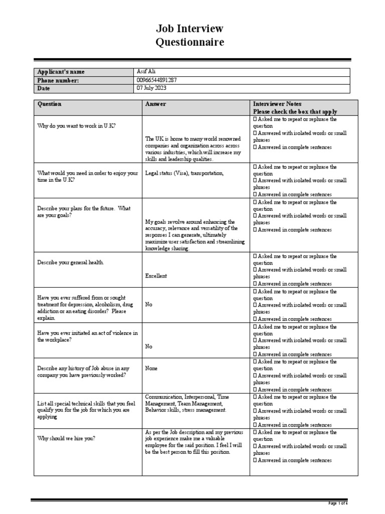 Job Interview Questionnaire | PDF