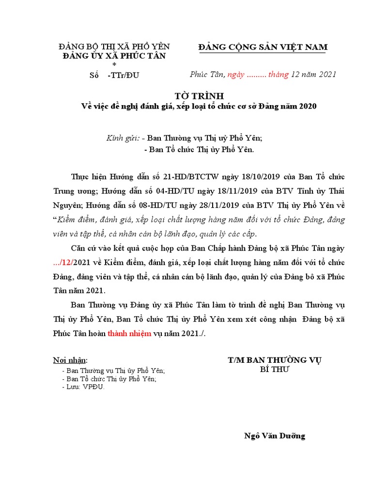 04to Trinh de Nghi Danh Gia, Xep Loai To Chuc Co So Dang Nam 2021 | PDF 04to Trinh de Nghi Danh Gia, Xep Loai To Chuc Co So Dang Nam 2021 | PDF