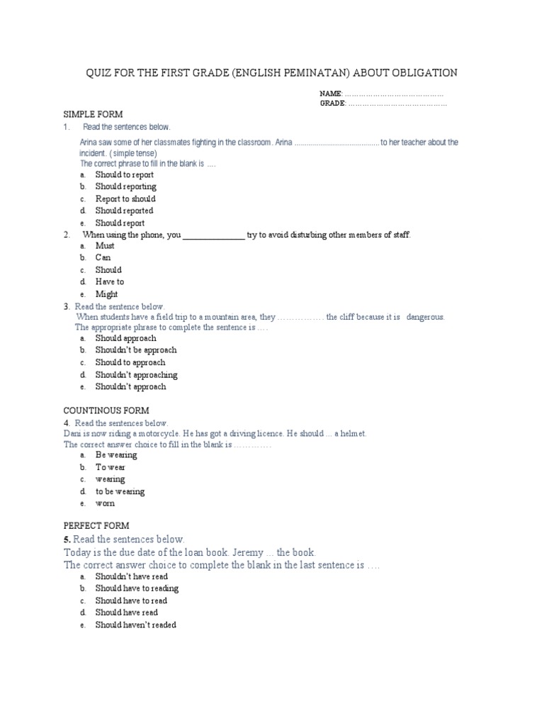 First Grade English Obligation Quiz | PDF
