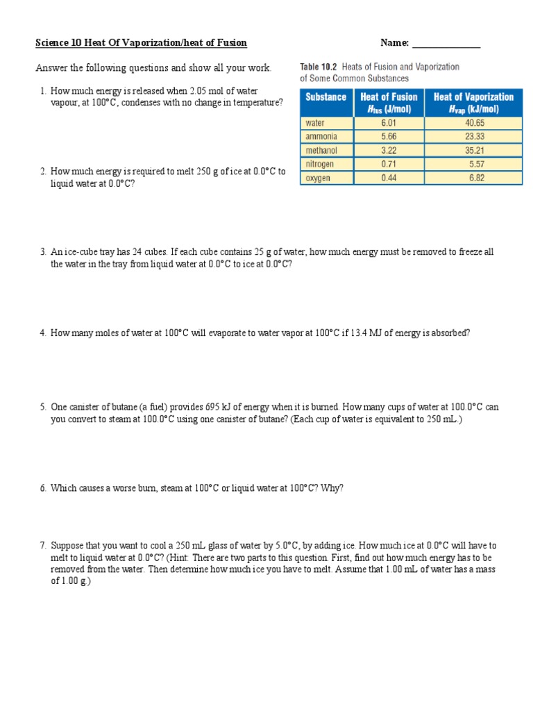 Heat of Vaporization and Fusion Problems | PDF