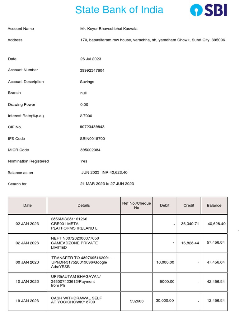 SBI Account Statement Summary | PDF | Cheque | Debit Card
