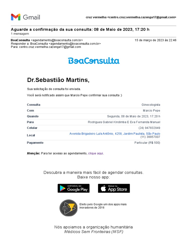 Gmail - Aguarde A Confirmação Da Sua Consulta - 08 de Maio de 2023, 17 ...