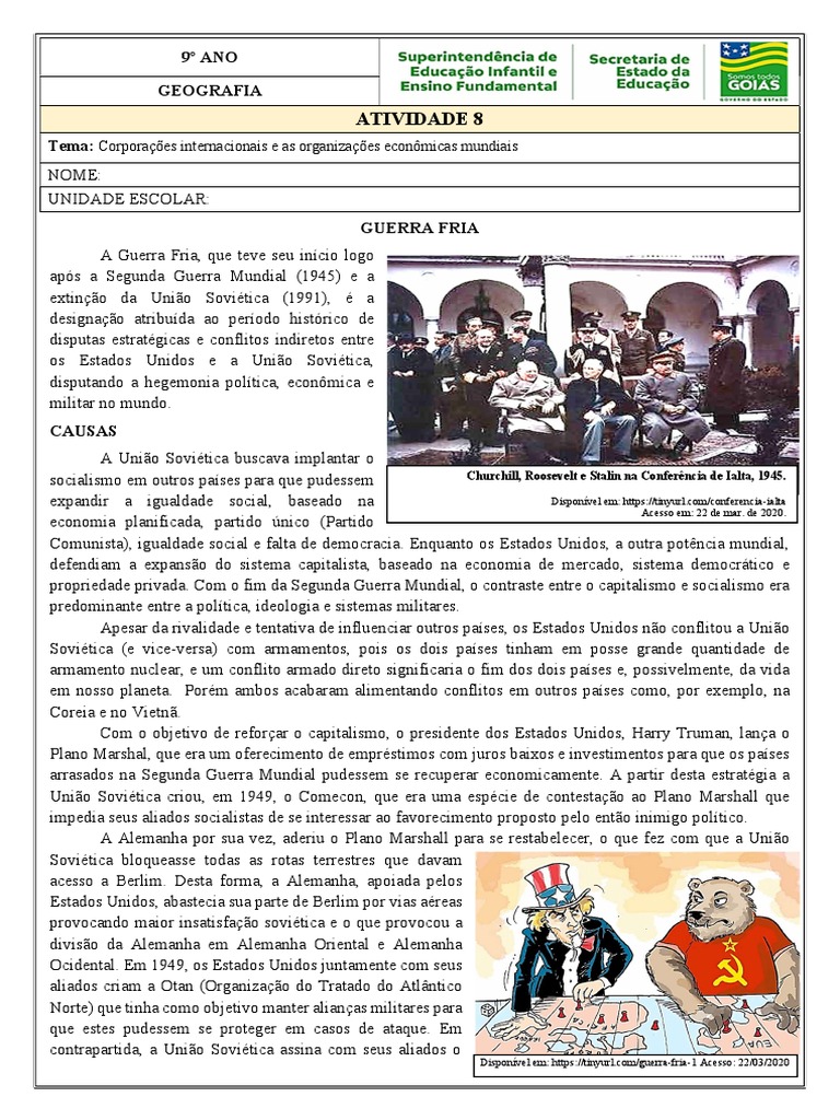 Atividade 8 9o Ano GEO GUERRA FRIA | PDF | Guerra Fria | Aliados da Segunda Guerra Mundial