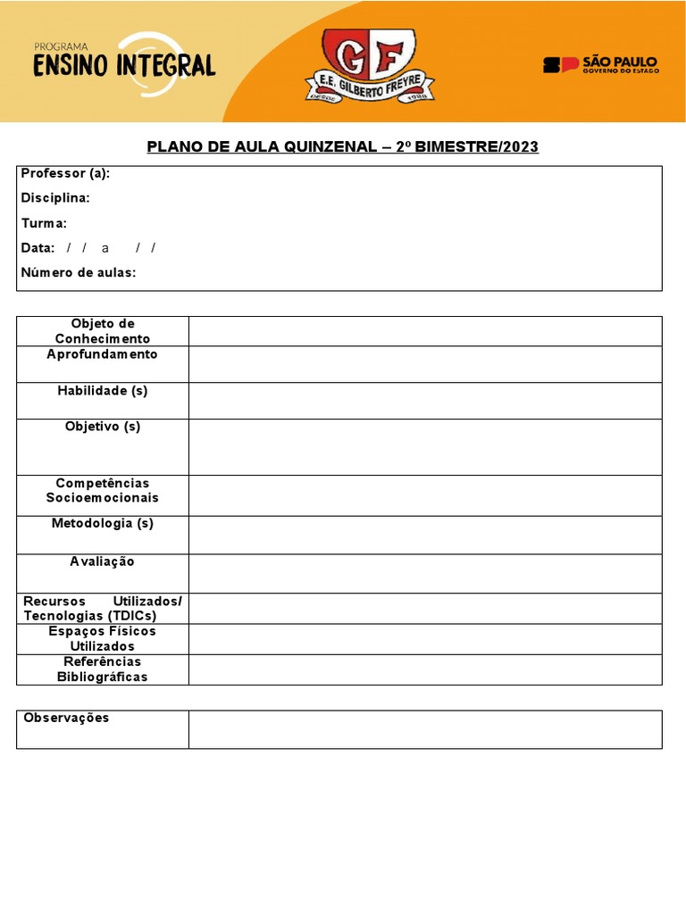 Modelo Adaptado de Plano de Aula Quinzenal | PDF