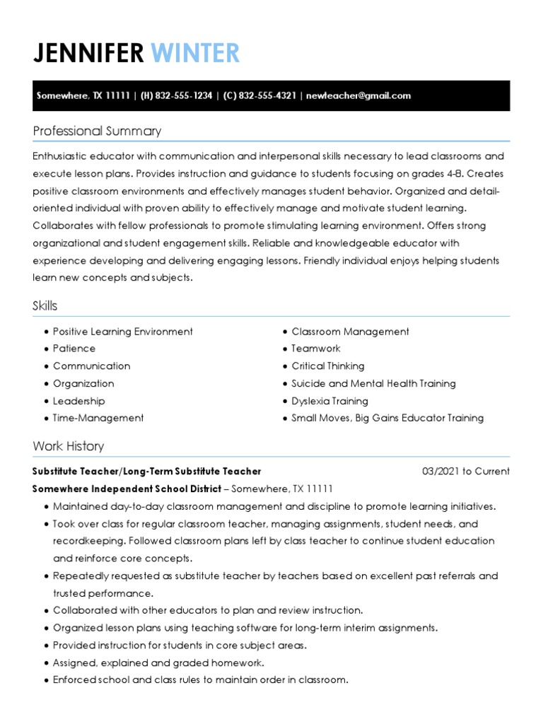 Jennifer Winter Resume | Download Free PDF | Teachers | Waiting Staff