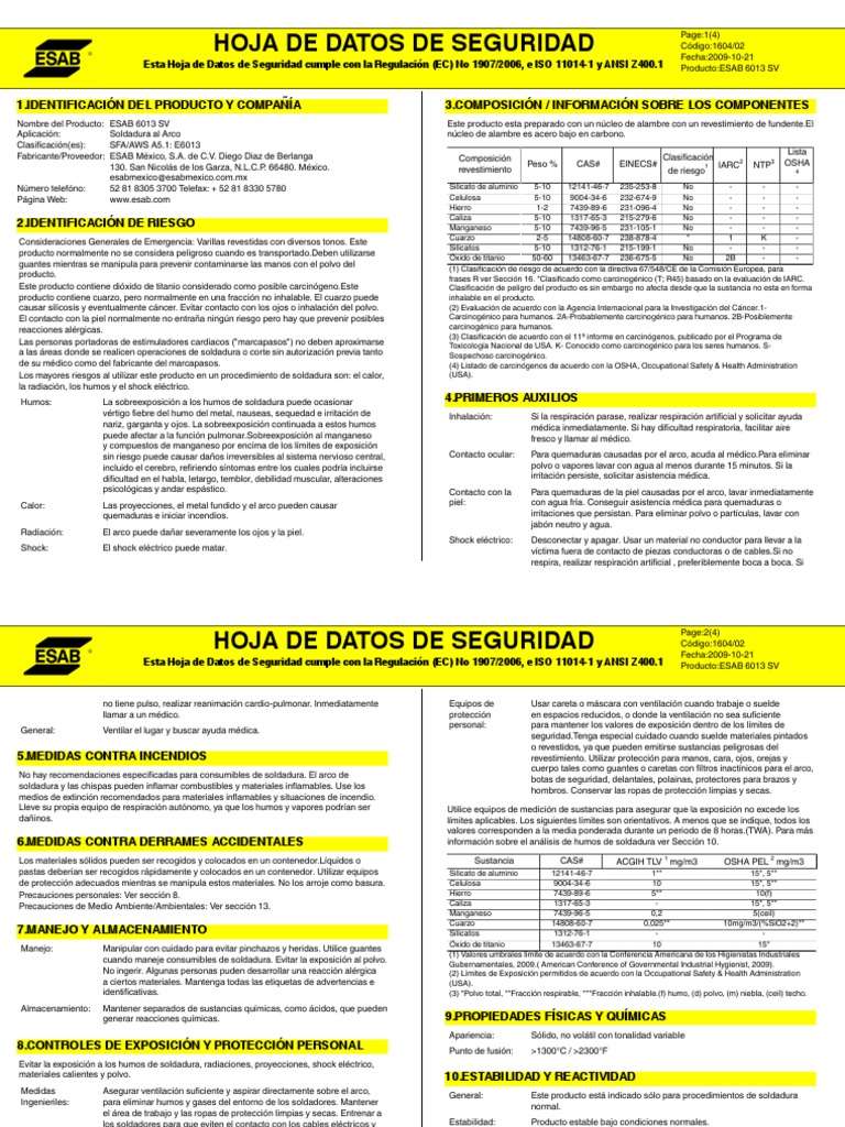 Hoja de Seguridad: ESAB 6013 SV | PDF | Soldadura | Construcción