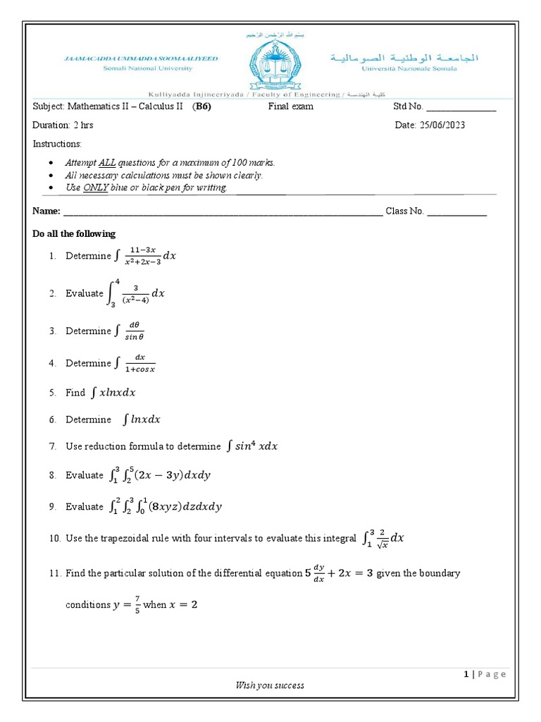 B6 ENG Calculus II Final Exam | PDF