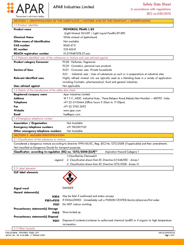 Poweroil Pearl L 85 MSDS | PDF