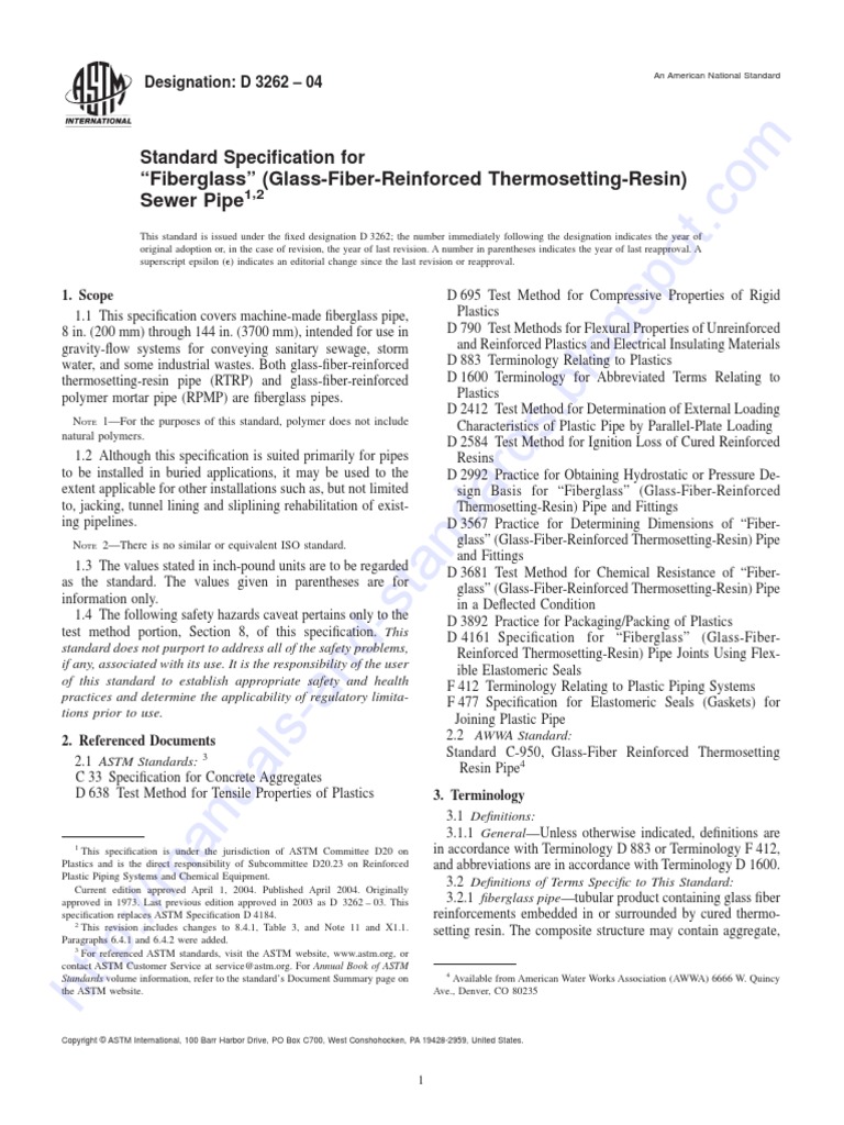 Astm - D 3262-04 | PDF | Fiberglass | Pipe (Fluid Conveyance)