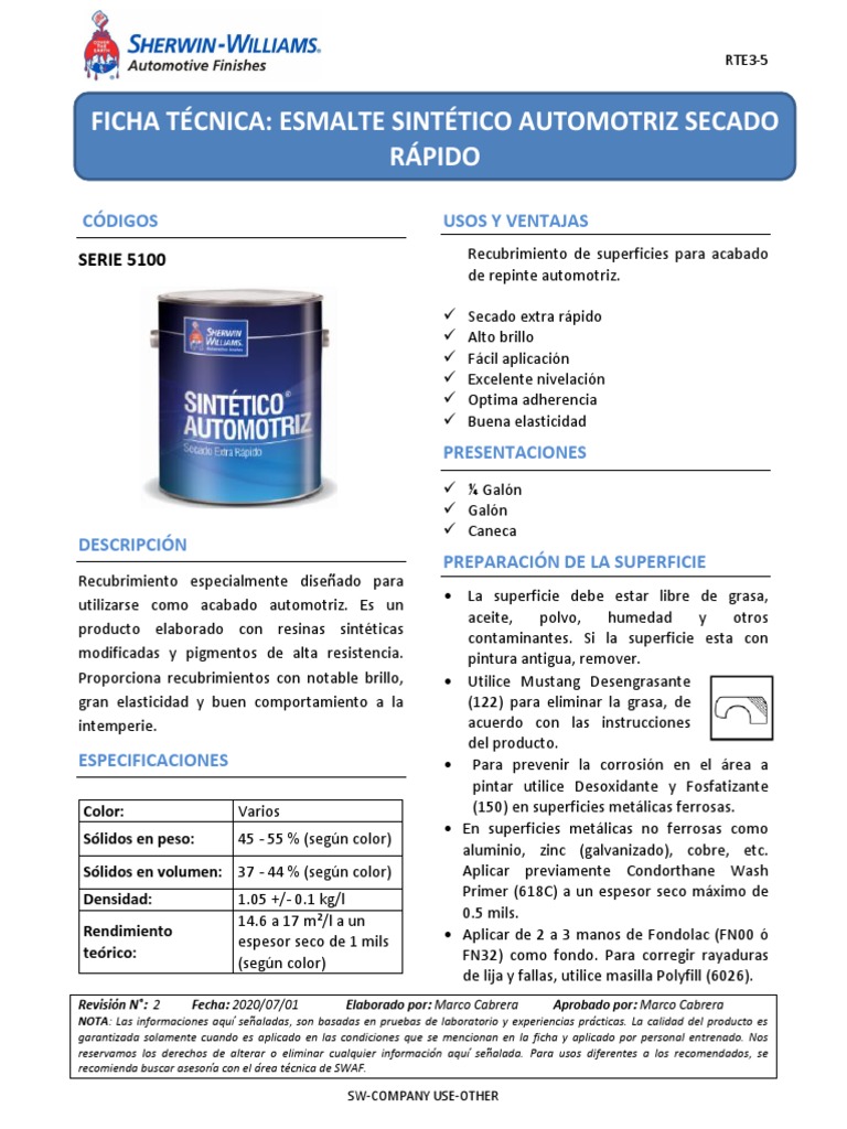 Ficha Técnica Esmalte Sintético Automotriz | PDF | Laboratorios | Pintar
