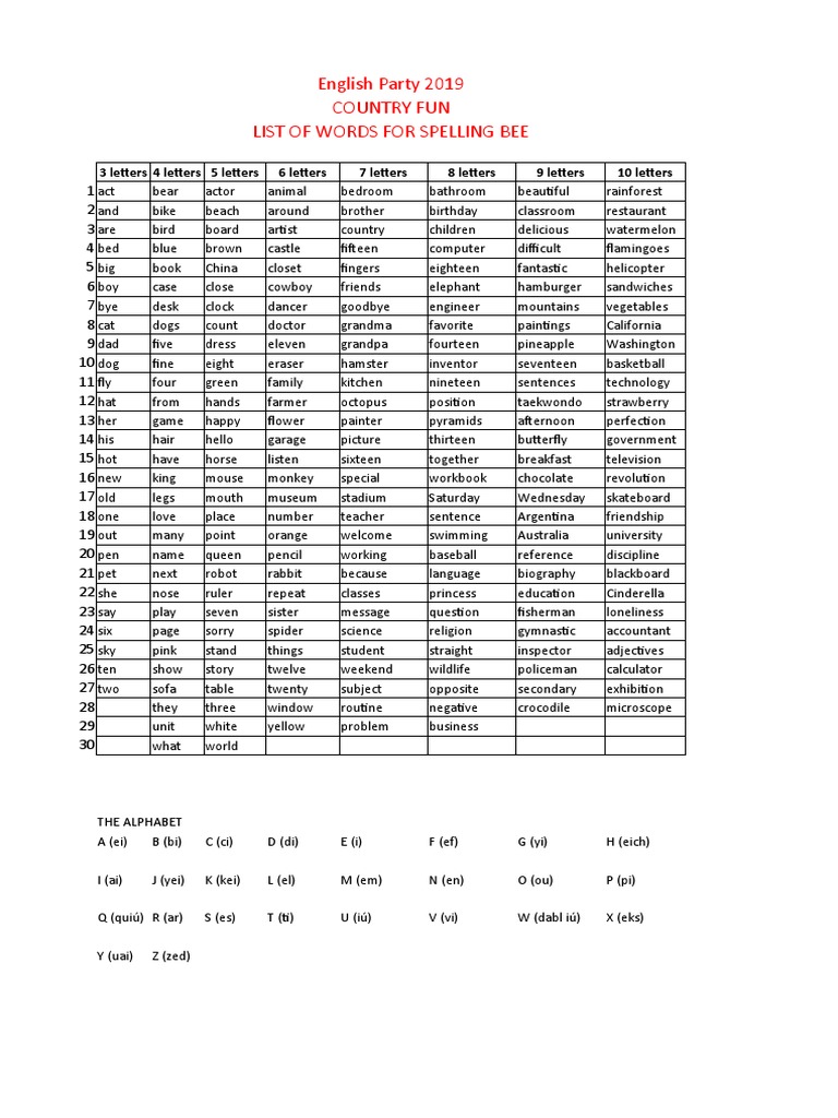 Lista de Palabras - SPELLING BEE | PDF